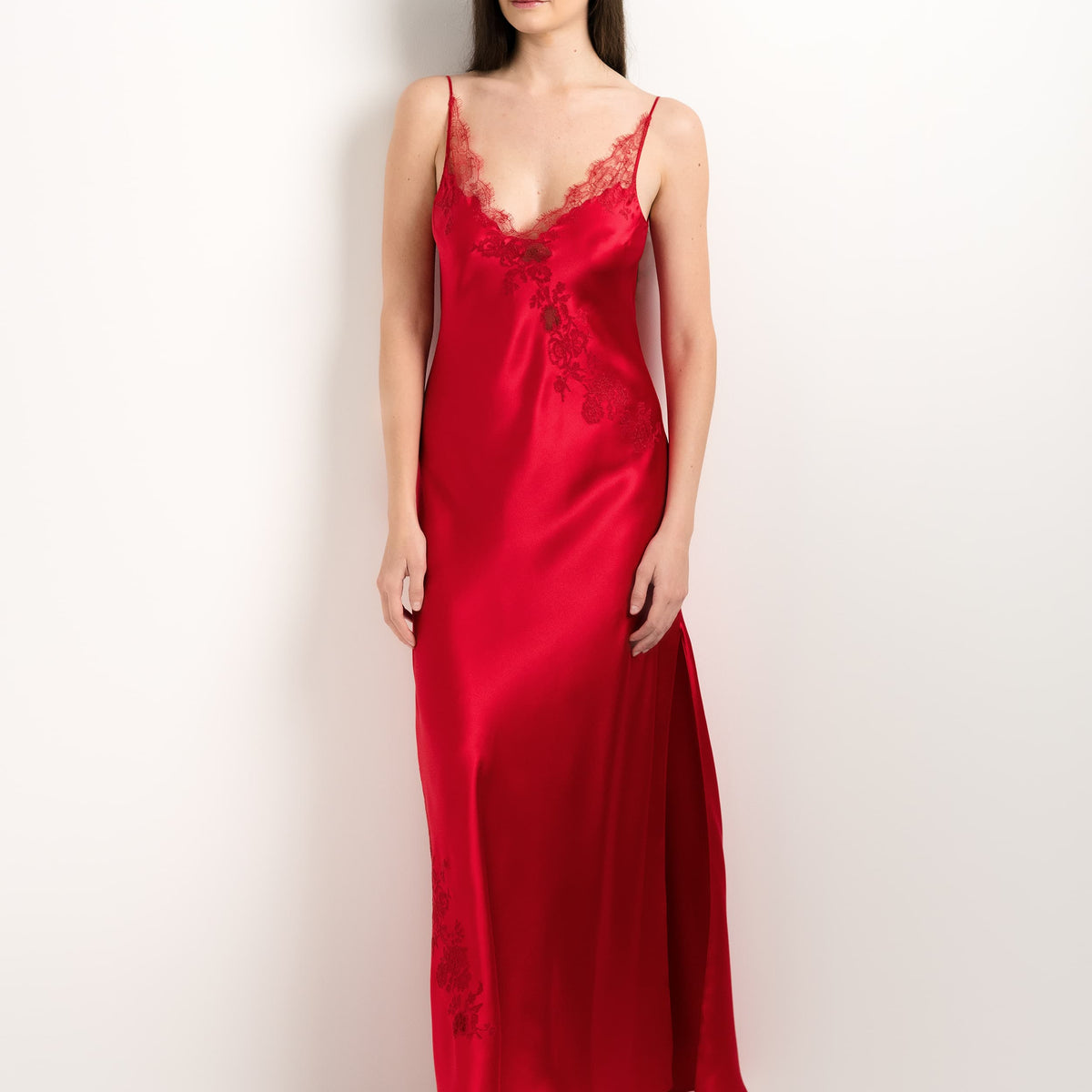 Long silk slip dress - Flam red and red Elisa lace – Carine Gilson