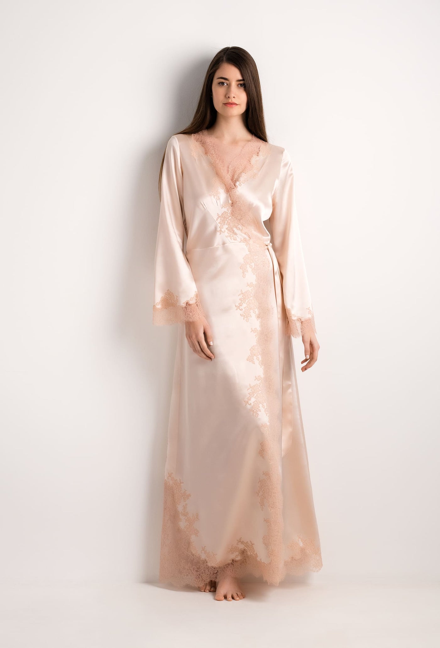 Long Silk Deshabille - "Skyfall" Deshabille - Powder and Caudry Lace ...