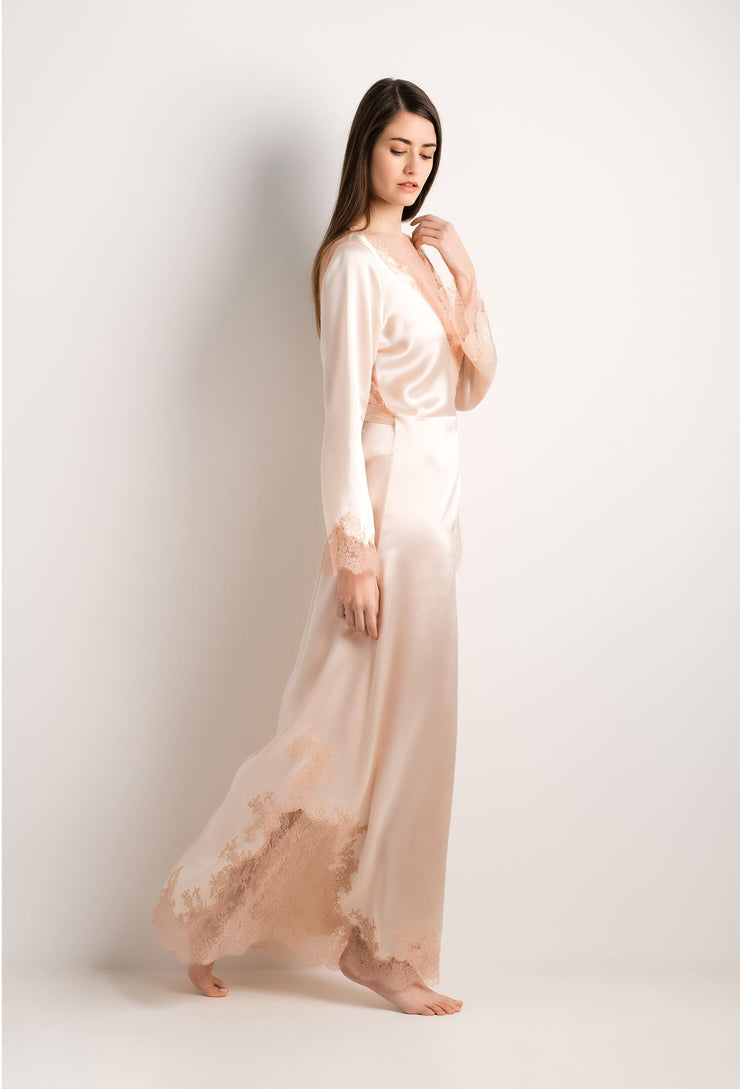 Long Silk Deshabille - "Skyfall" Deshabille - Powder and Caudry Lace ...