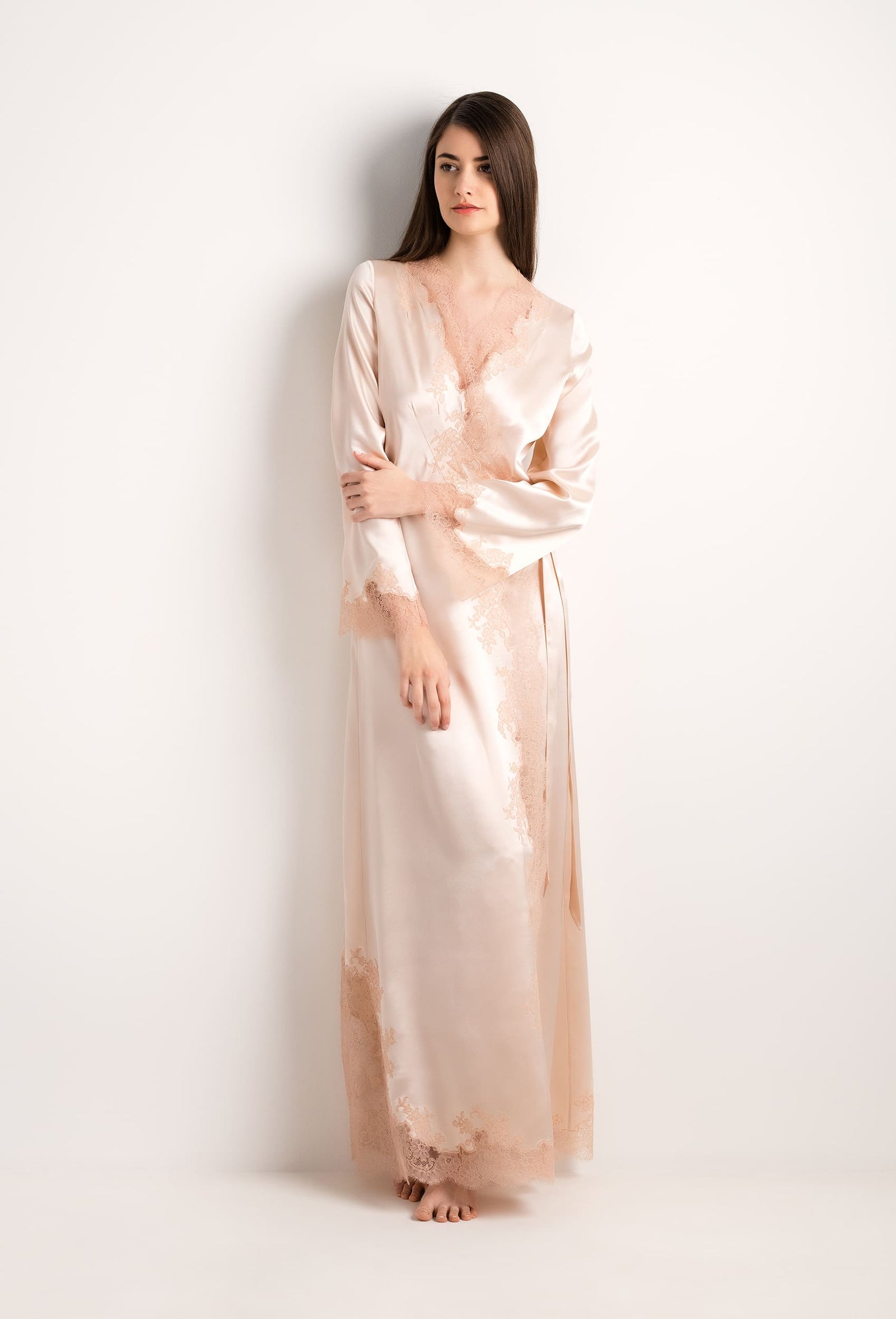 Long Silk Deshabille - "Skyfall" Deshabille - Powder and Caudry Lace ...